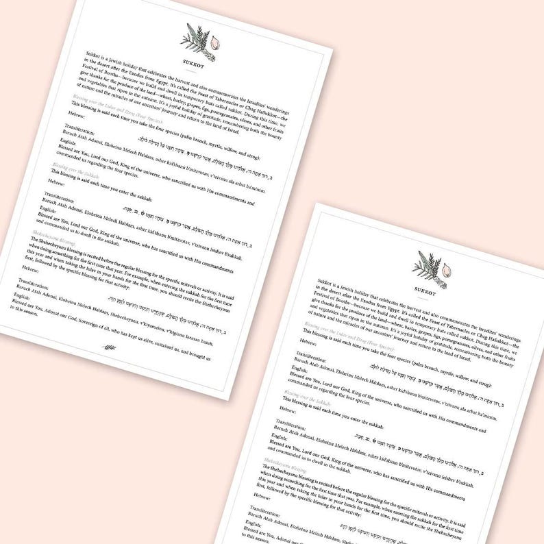 Sukkot Blessing & Prayer Cards Printable – Jewish Holiday PDF, Hebrew ...