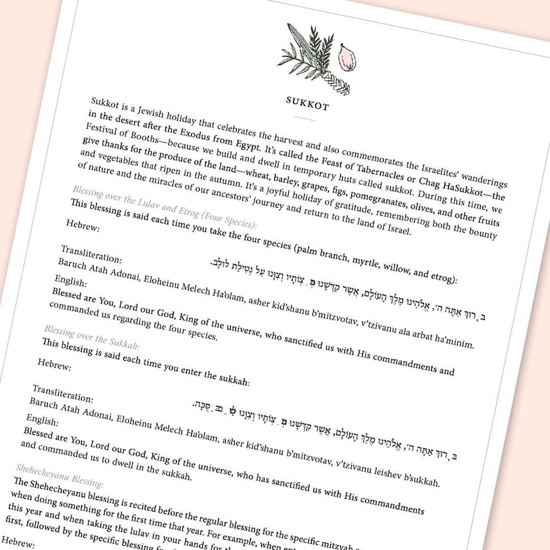 Sukkot Blessing & Prayer Cards Printable – Jewish Holiday PDF, Hebrew ...
