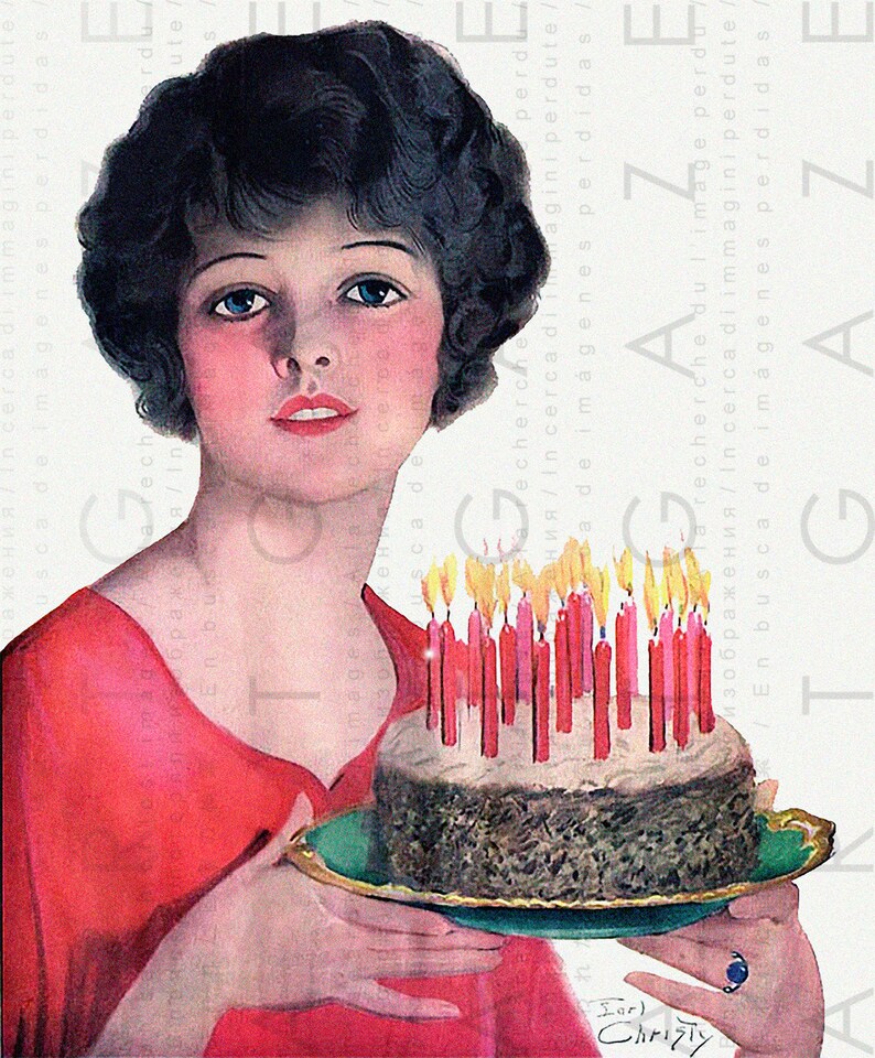 Art Deco Flapper And Birthday Cake Vintage Illustration Earl Etsy