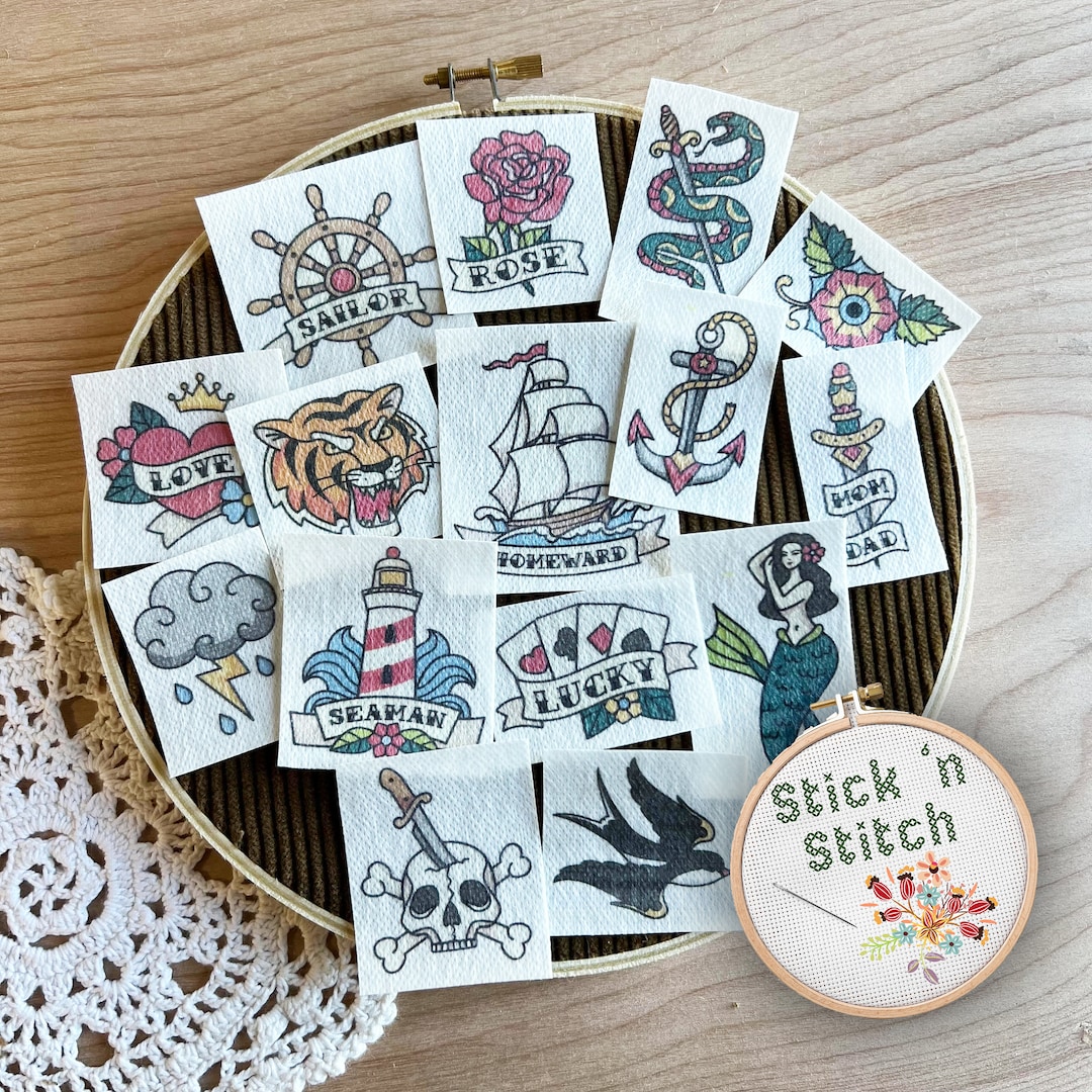 Stick 'n Stitch Tattoo Flash Designs Hand Embroidery Kit Wash Away ...