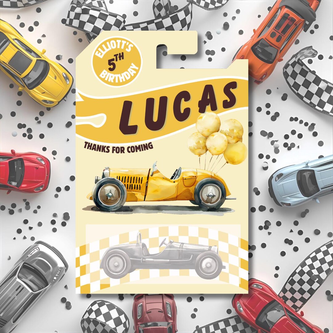 Editable Yellow Toy Car Favor Packaging: Race Car Birthday Party Thank ...