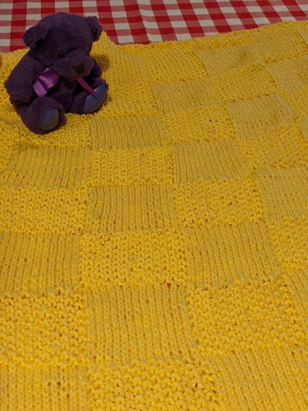 Bright Yellow Seed Stitch and Squares Hand Knitted Baby Afghan or ...