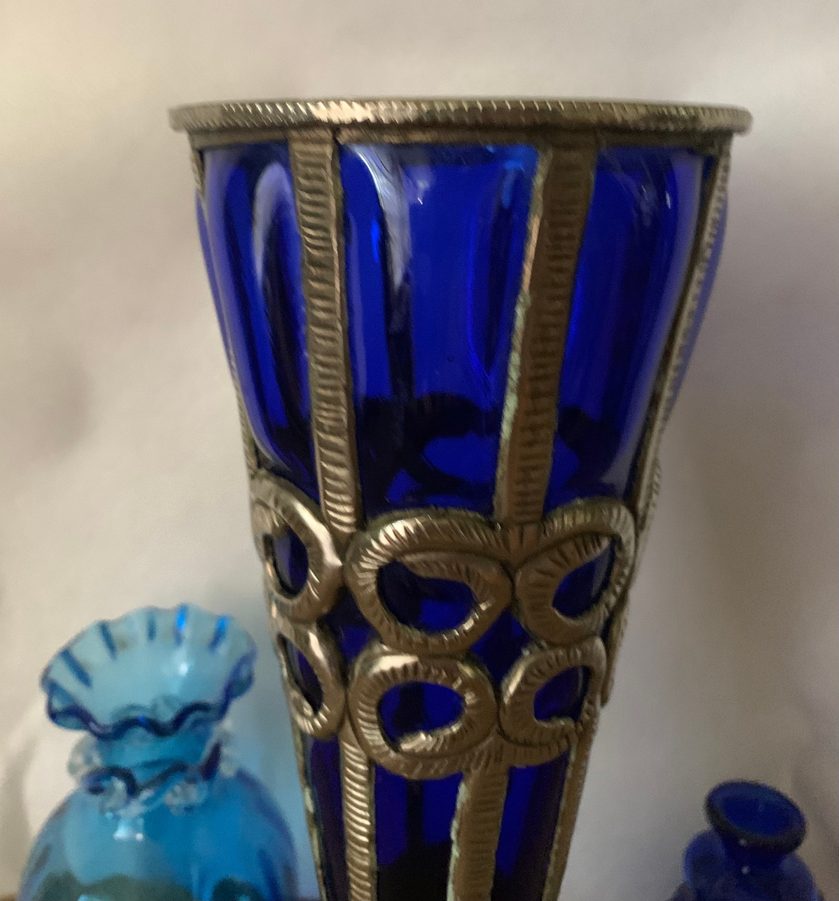 Cobalt Blue Caged Glass Goblet / Vase in Silver-tone Hand-hammered ...