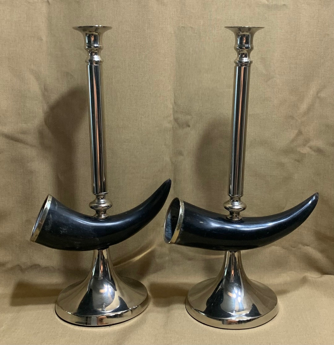 16 Silver-tone Horn Candlestick Pair. NOTE: Please Read Entire ...