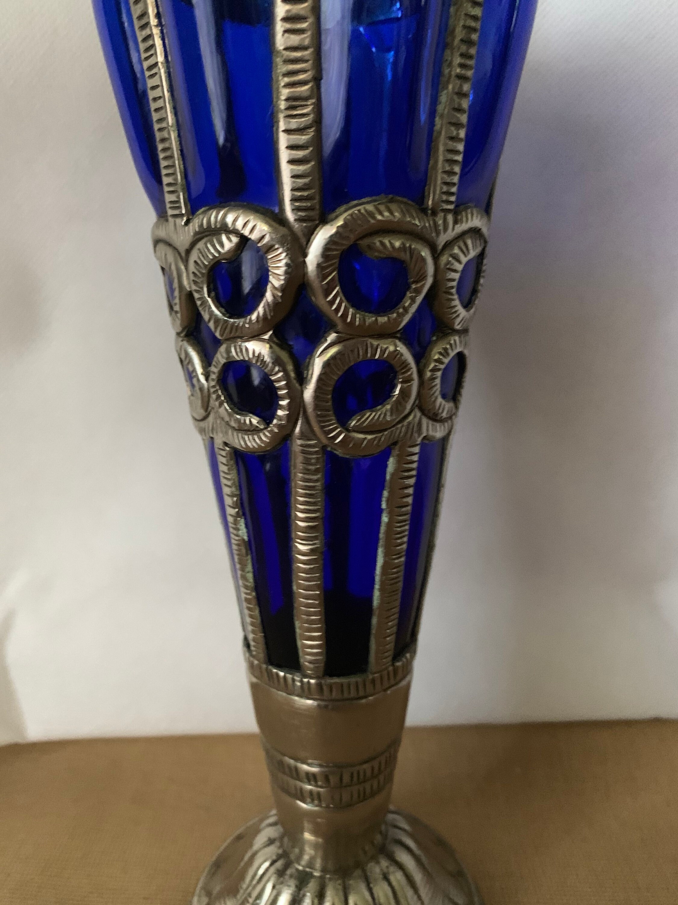 Cobalt Blue Caged Glass Goblet / Vase in Silver-tone Hand-hammered ...