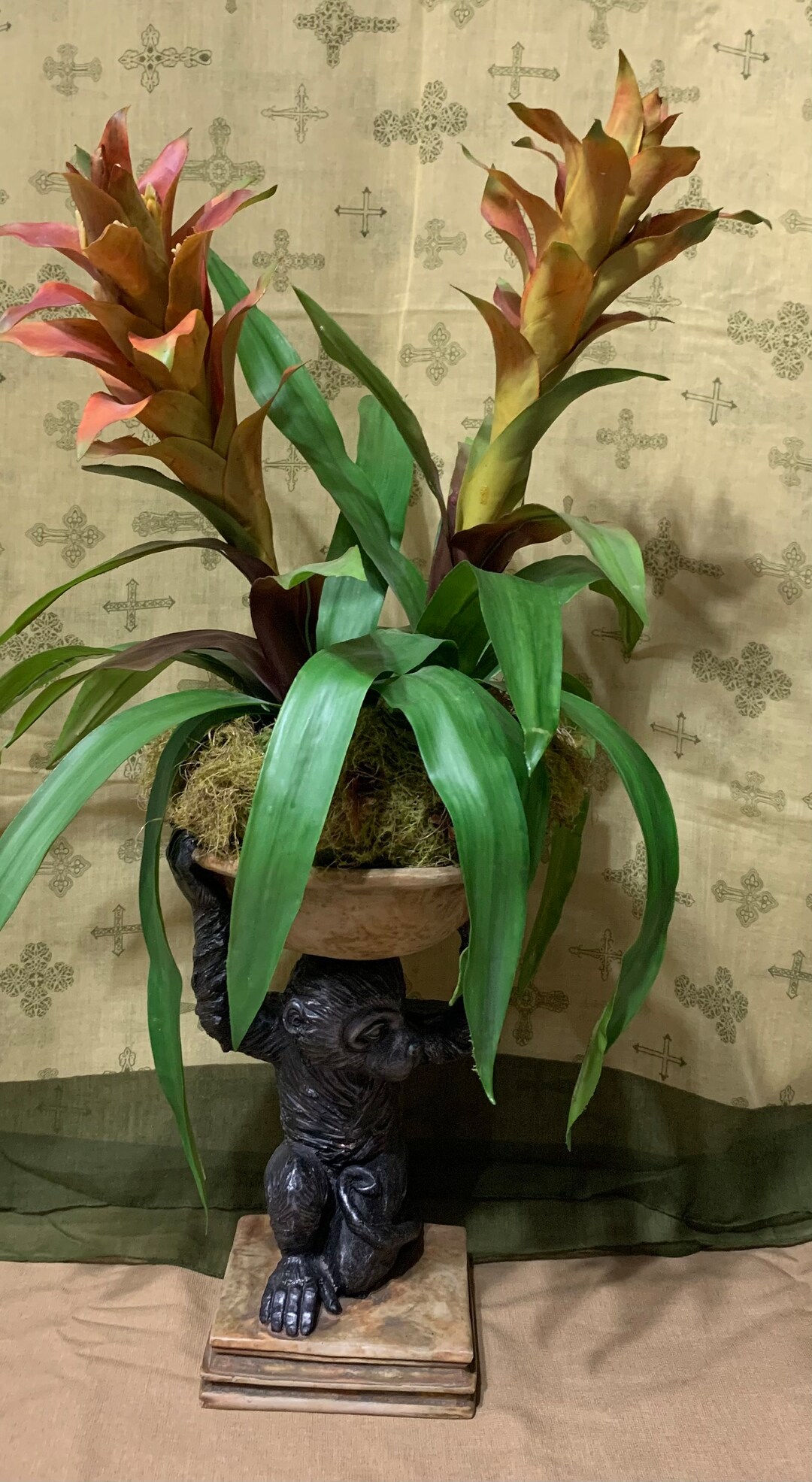 Monkey Holding Potted Lifelike Bromiliad Plant. NOTE: Please Be Sure to ...