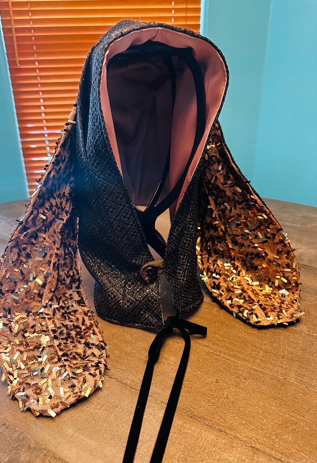 RAVE Festival Bunny Hood With Golden Sequins, Textile Upcycled, Re ...