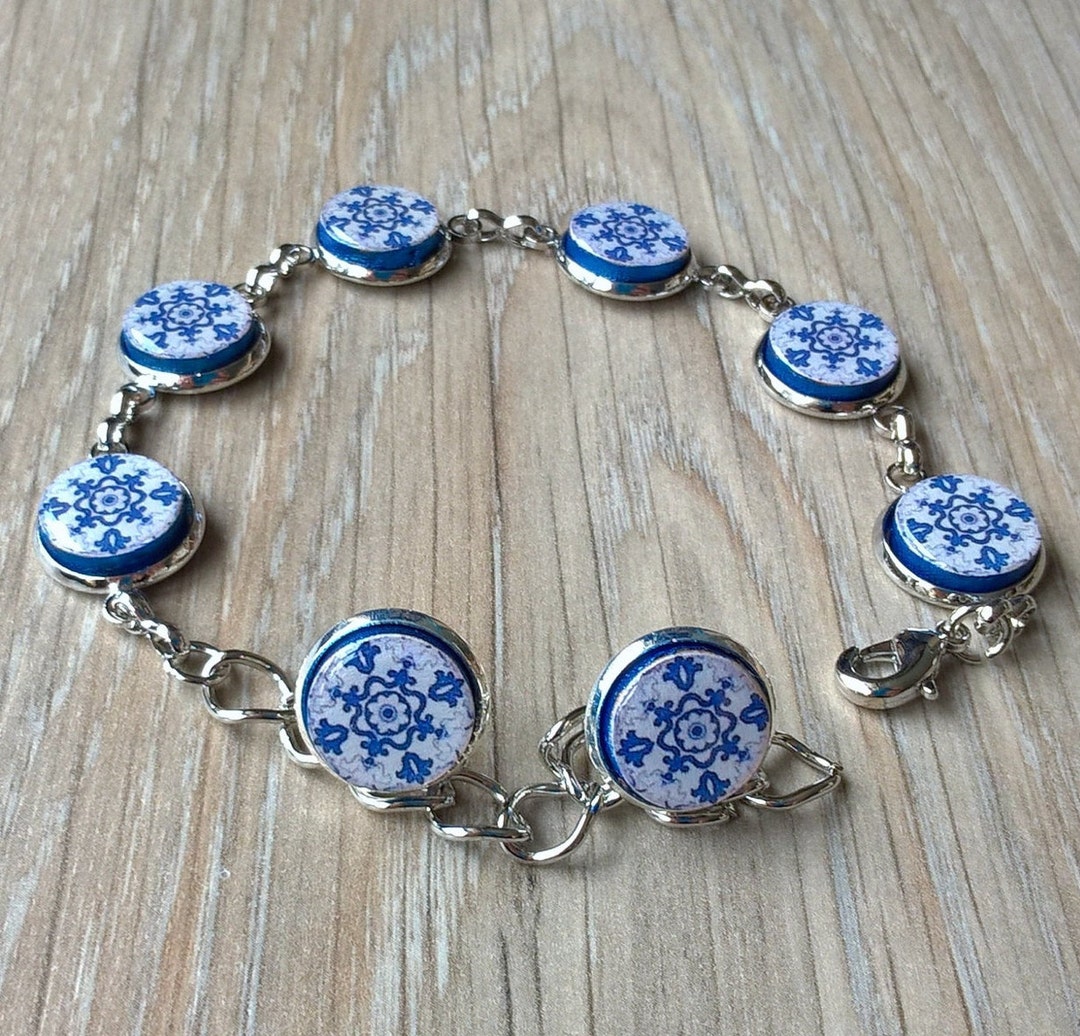 Portugal Tile Jewelry Set Round Tile Blue Bracelet Portuguese Azulejo ...