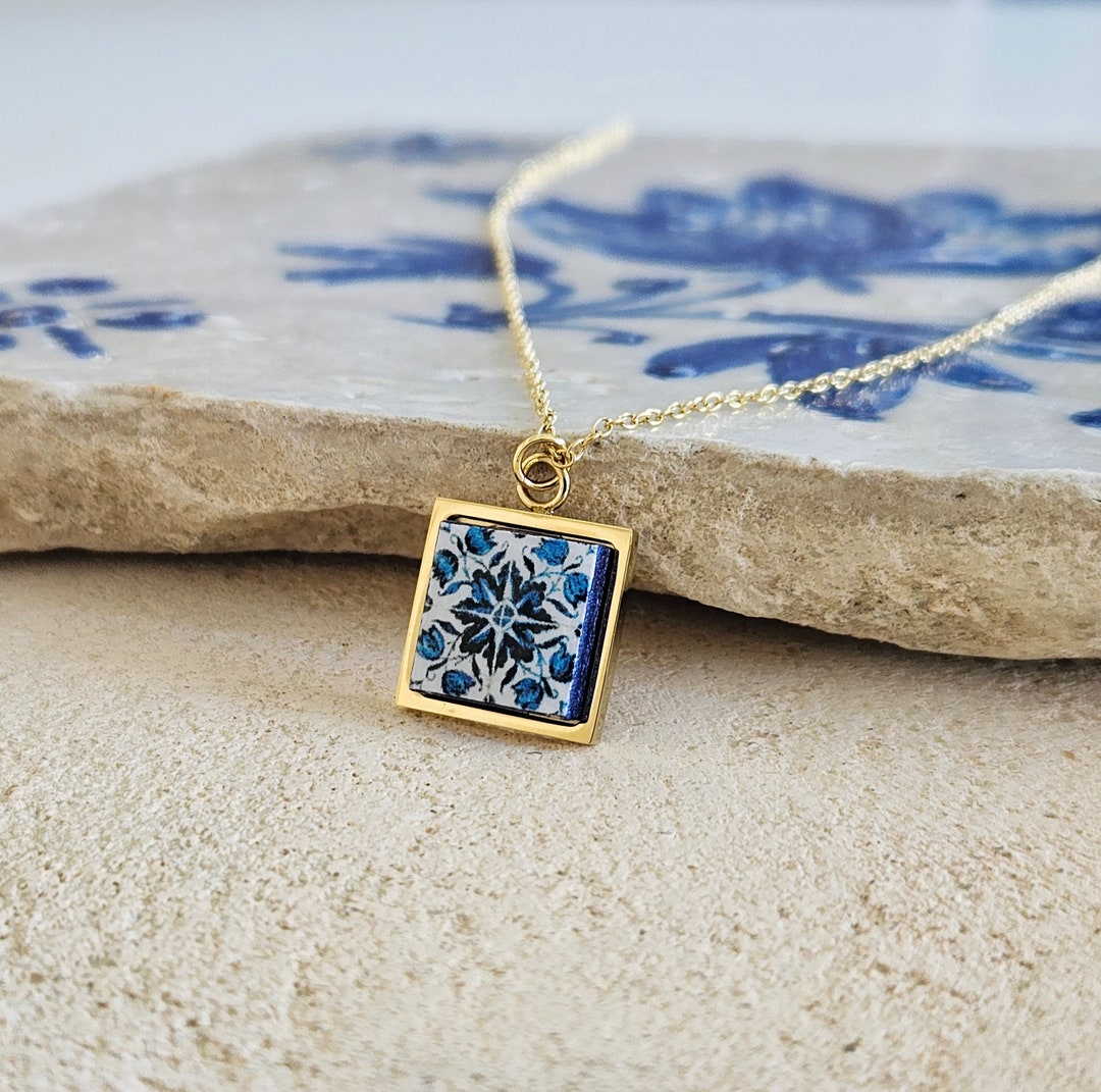 GOLD Porto Tile Charm Necklace Portuguese Blue White Tile Azulejo Gold ...