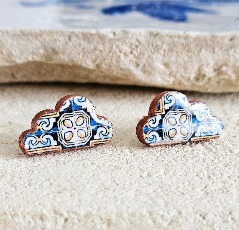 Cloud Tile Stud Earrings Portuguese Tile Earring Retro Vintage Tile ...