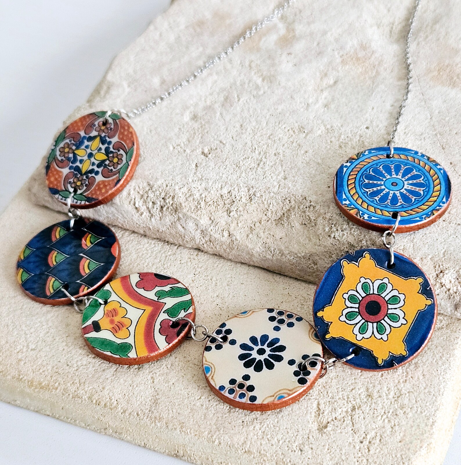 Mexican Round Tiles Necklace Mexico Talavera Statement Jewelry Bohemian ...