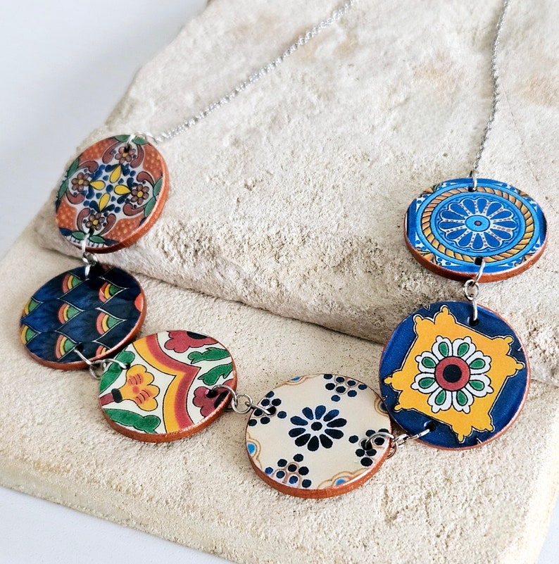 Mexican Round Tiles Necklace Mexico Talavera Statement Jewelry Bohemian ...