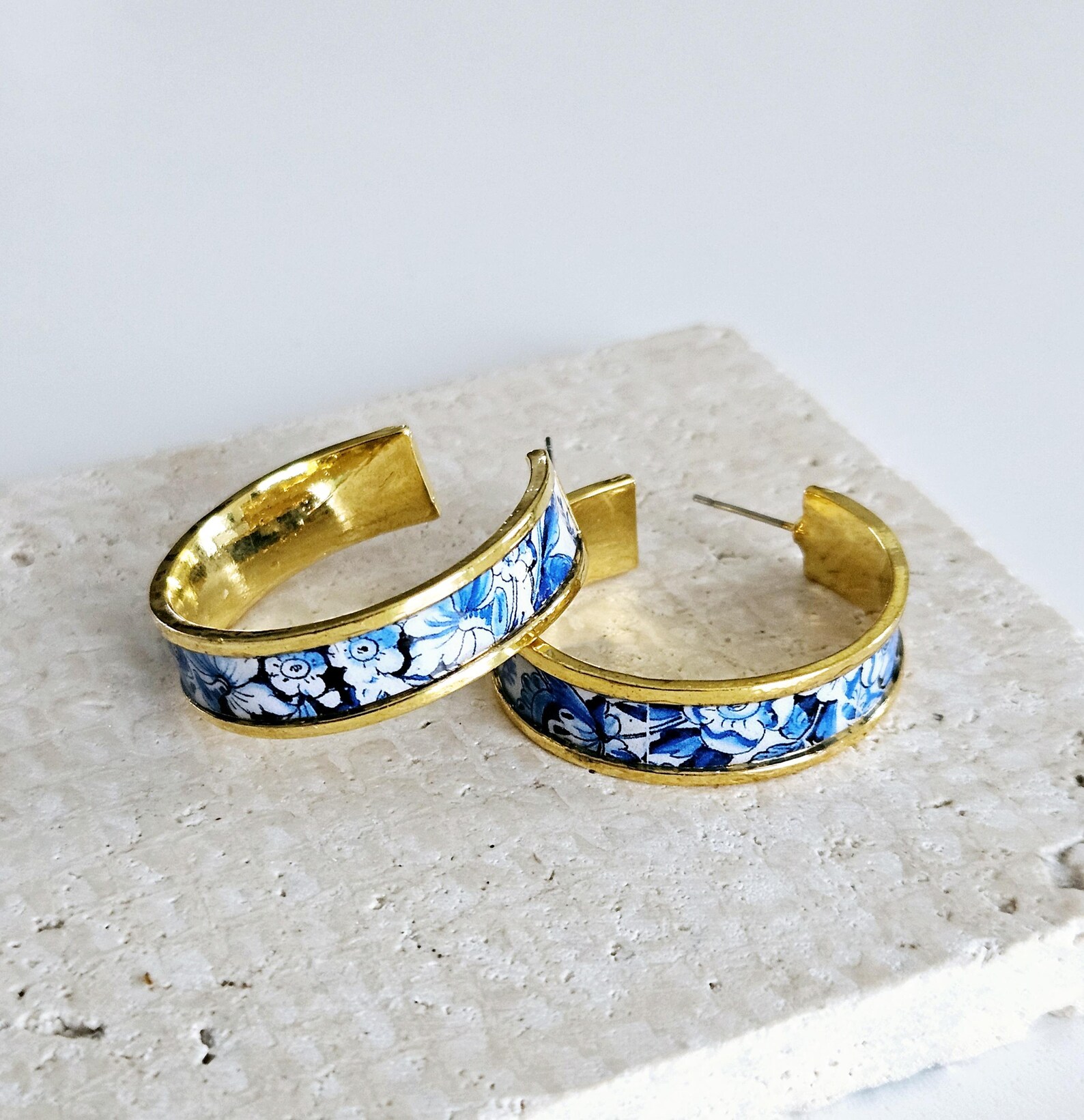 Blue Gold HOOP Tile Earring Portugal Azulejo STEEL Flat Large Hoop ...