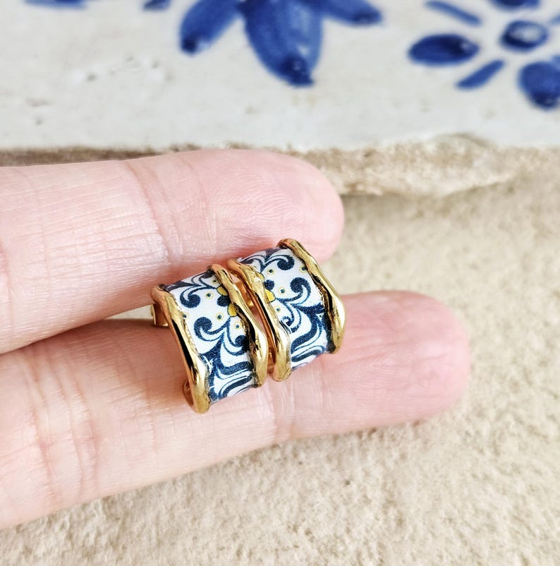 Portugal Tile Small HOOP Earring Flat GOLD Hoop Stainless STEEL Hoop ...