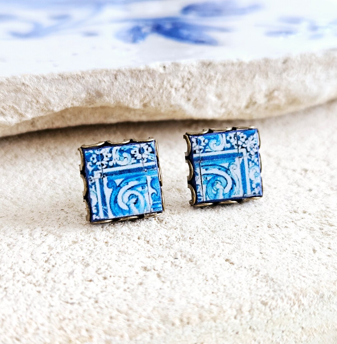 Blue Tile Stud Earring Lace Bronze Stud Portuguese Tile Blue Azulejo ...