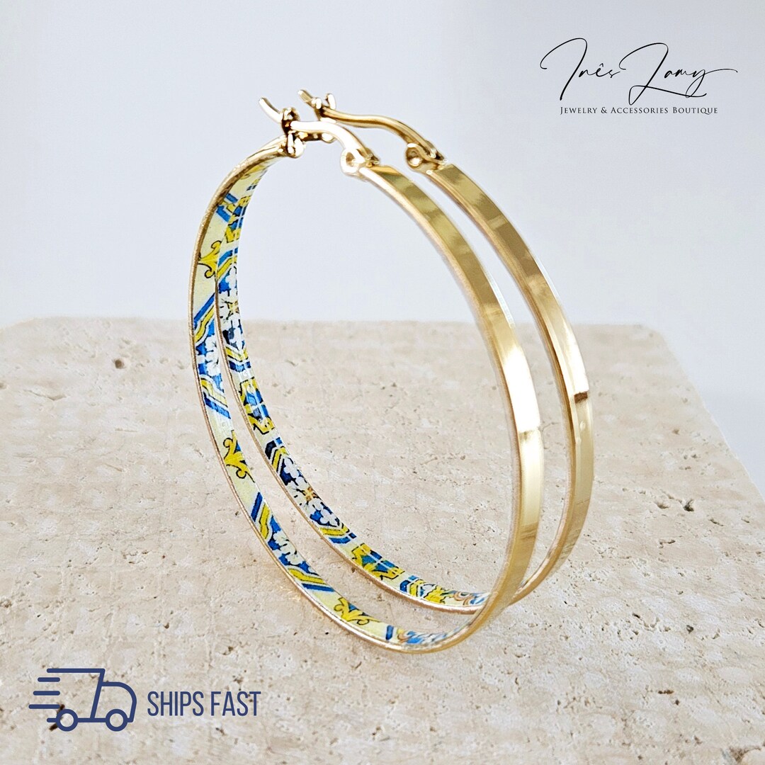 GOLD Flat HOOP Tile Earring Portugal Stainless STEEL Azulejo Delicate ...