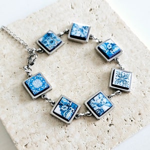 Portugal Antique Majolica Tile Silver STEEL Bracelet Small Square ...