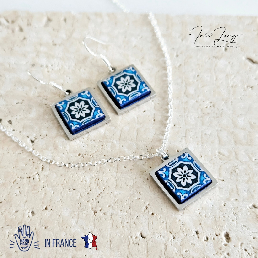 Portugal Azulejo STEEL Jewelry Gift Set Tile Pendant Earring Portuguese ...