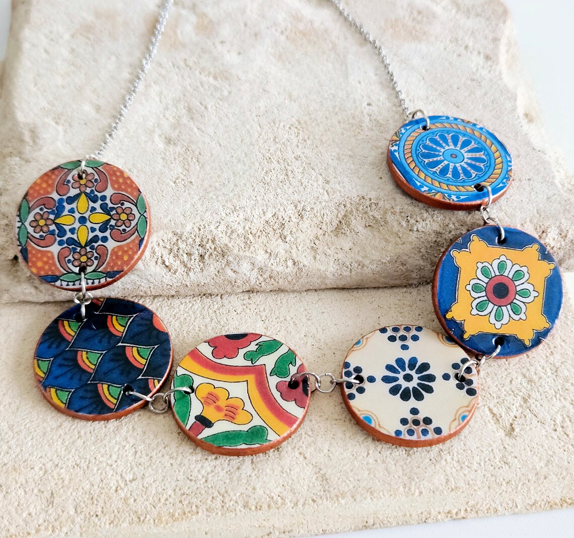 Mexican Round Tiles Necklace Mexico Talavera Statement Jewelry Bohemian ...