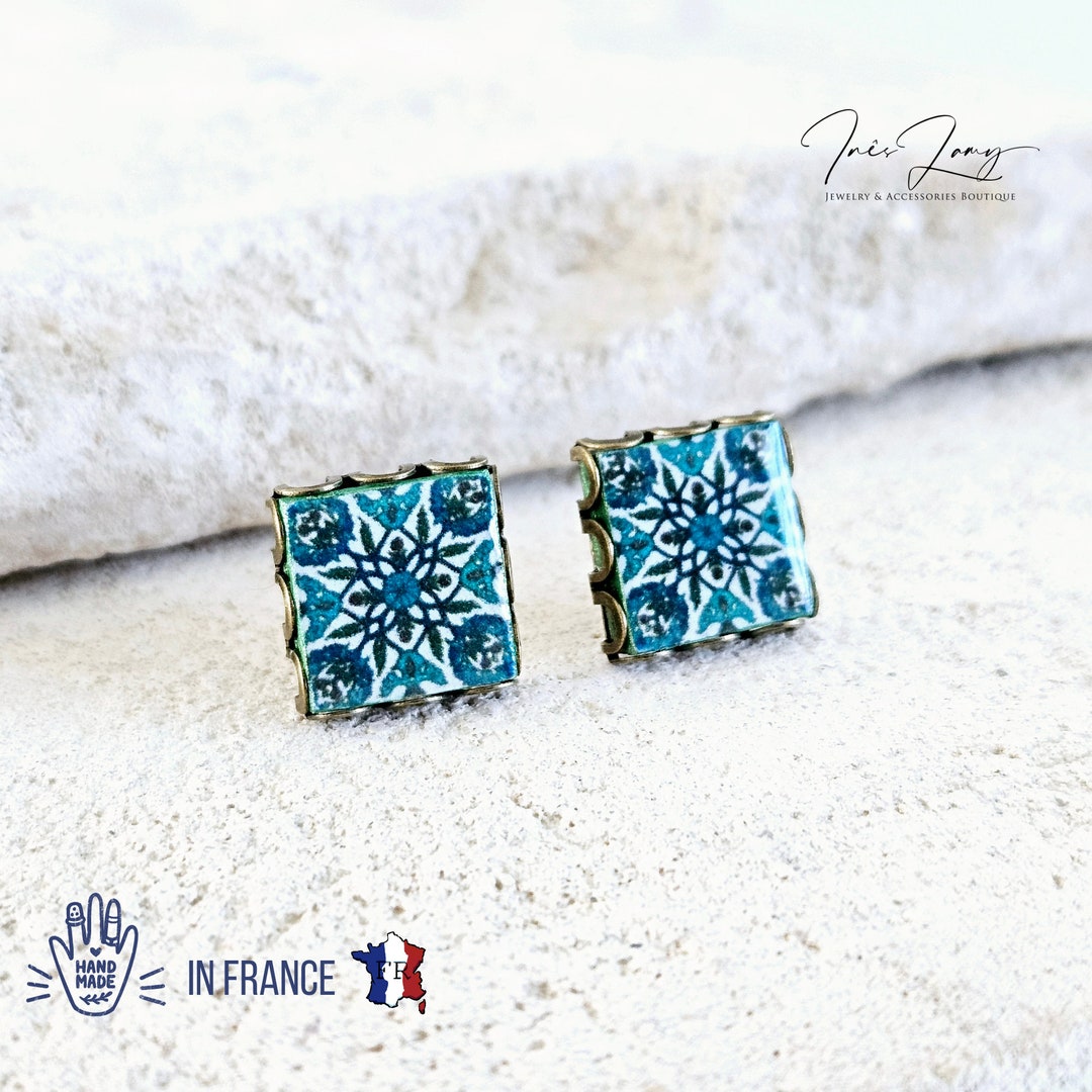 Turkish Tiles Stud Earring Emerald Green Geometric Square Stud Turkish ...
