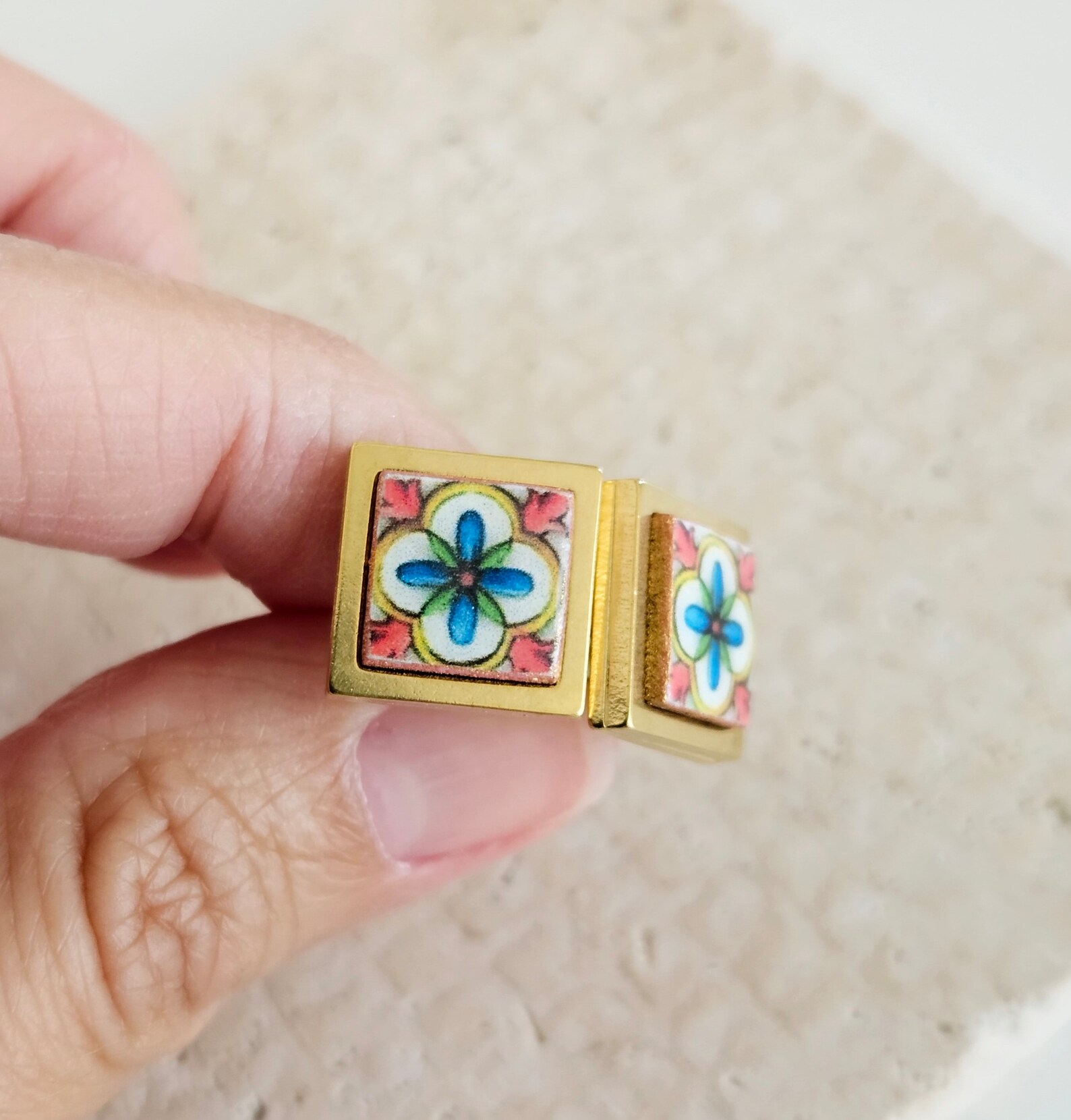Gold Majolica Azulejo Earring Tile Stainless STEEL Stud Earring Square ...