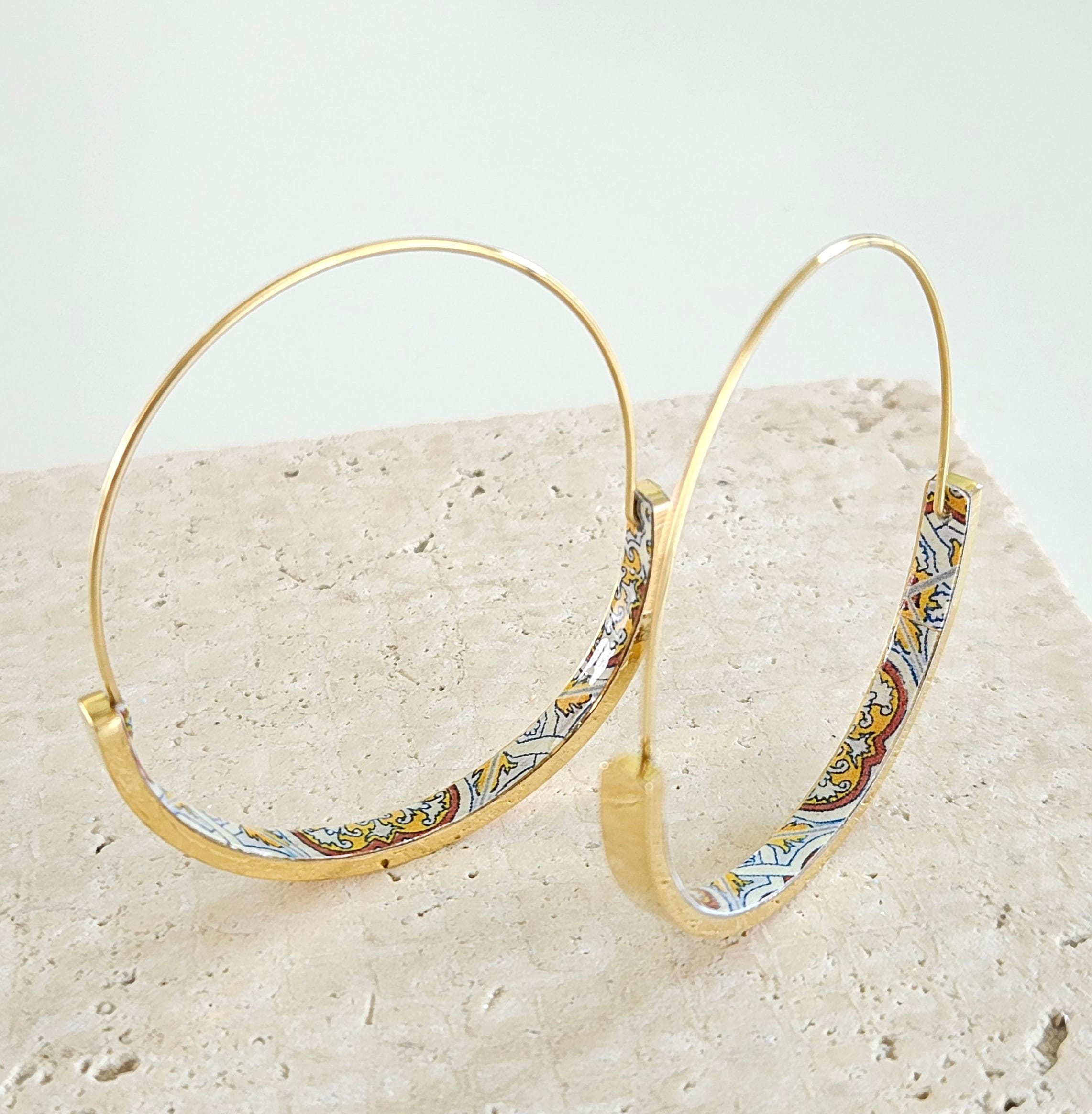 Gold Orange Red HOOP Tile Earring Portugal STAINLESS STEEL Azulejo ...