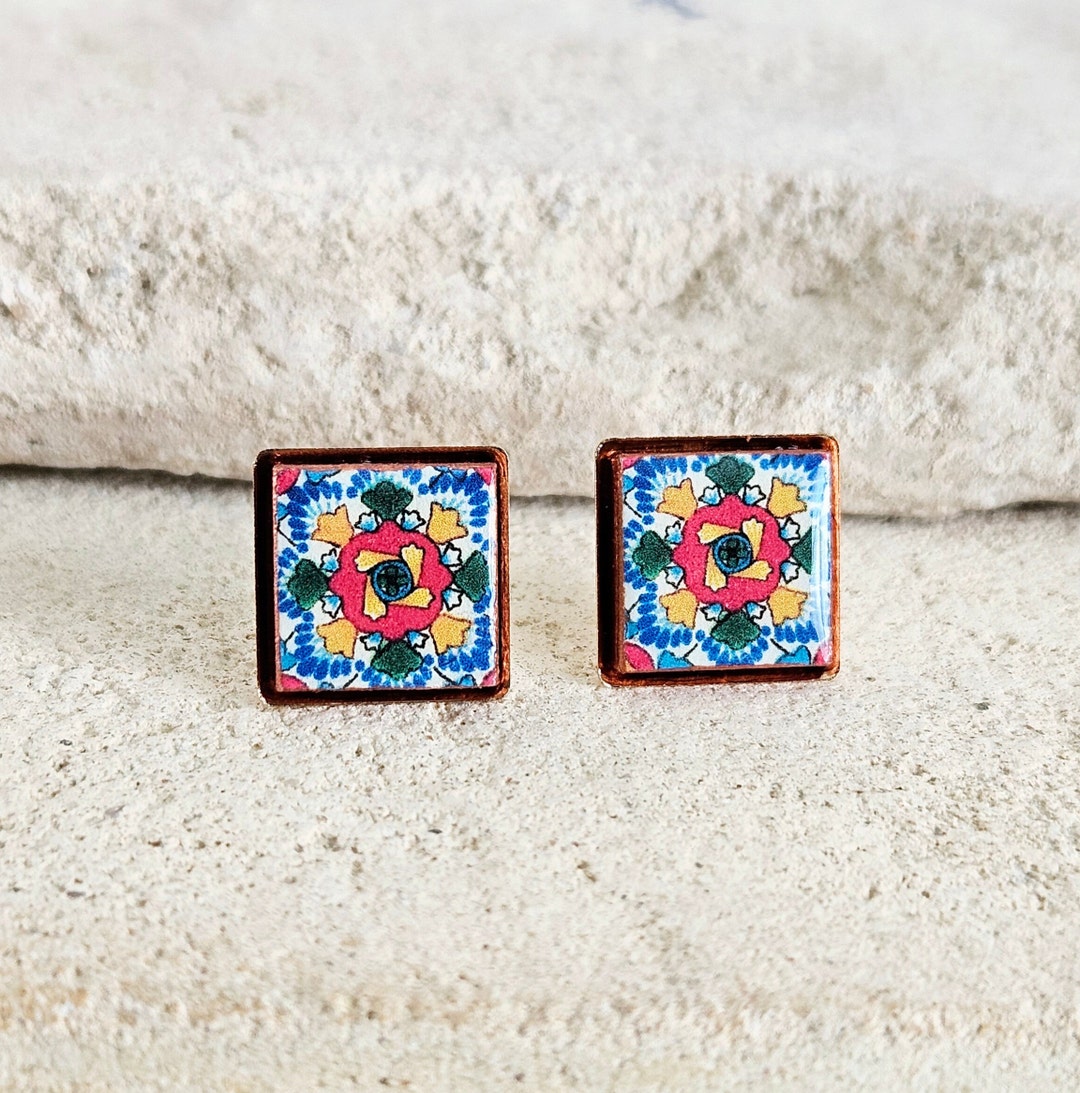 Mexican Tile Stud Earring Talavera Colorful Rainbow Jewelry Mexico ...