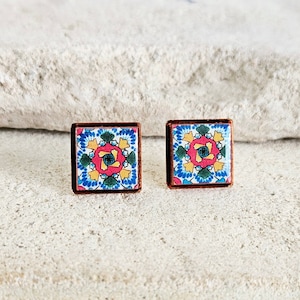 Mexican Tile Stud Earring Talavera Colorful Rainbow Jewelry Mexico ...