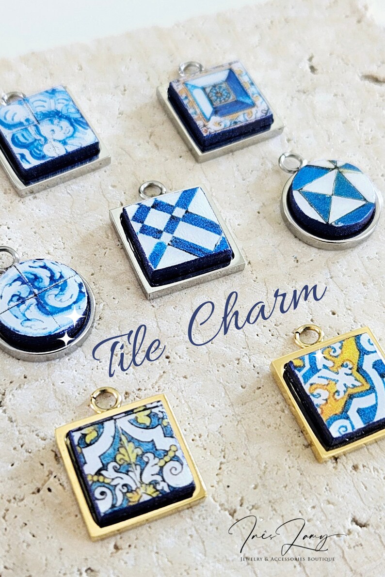 1PC Portuguese Tile Charm Azulejo Square Charm Stainless Steel DIY ...