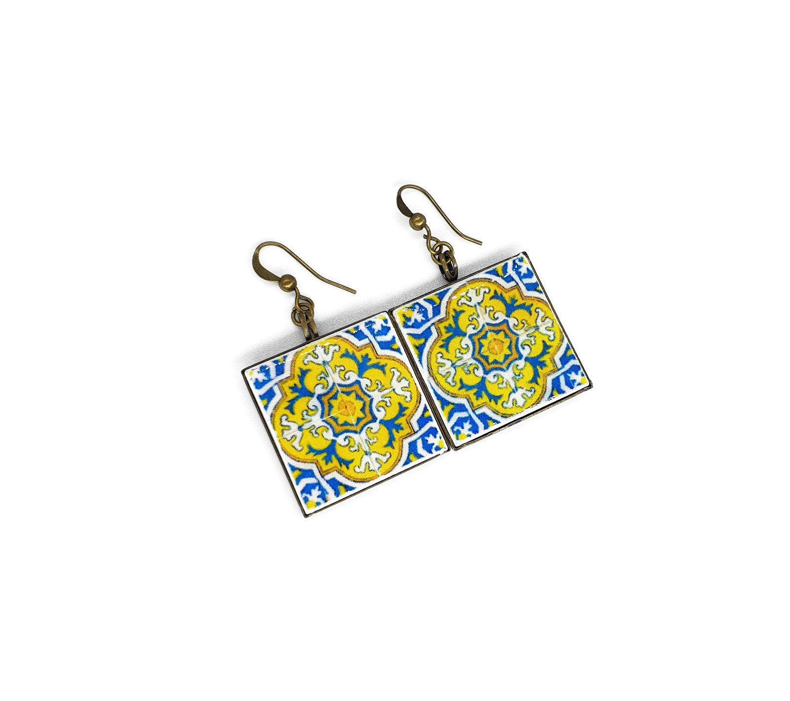 Portuguese Antique Tile Earrings Yellow Tile Earrings - Etsy