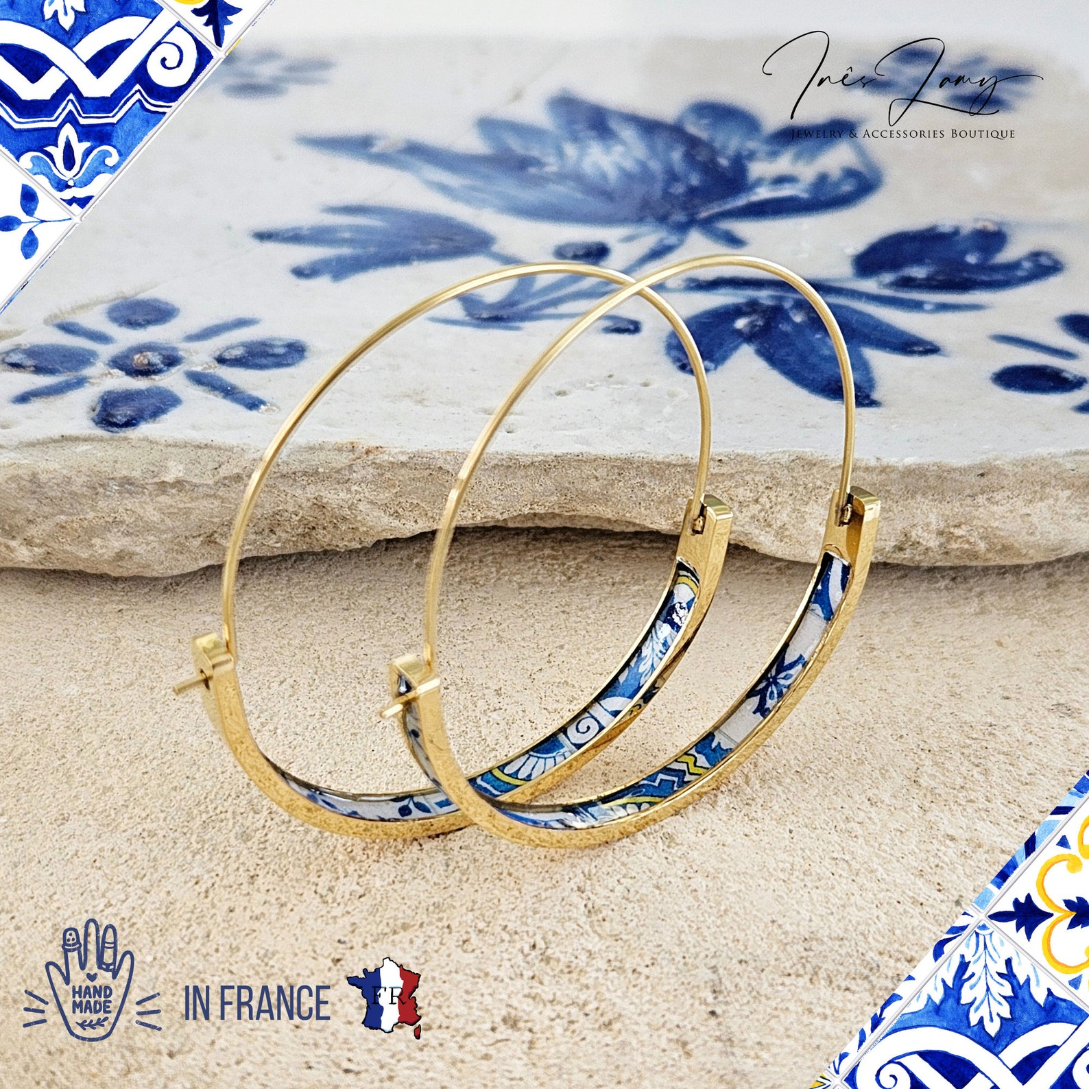 Blue Mixed HOOP Tile Earring Portugal Lightweight STAINLESS STEEL ...