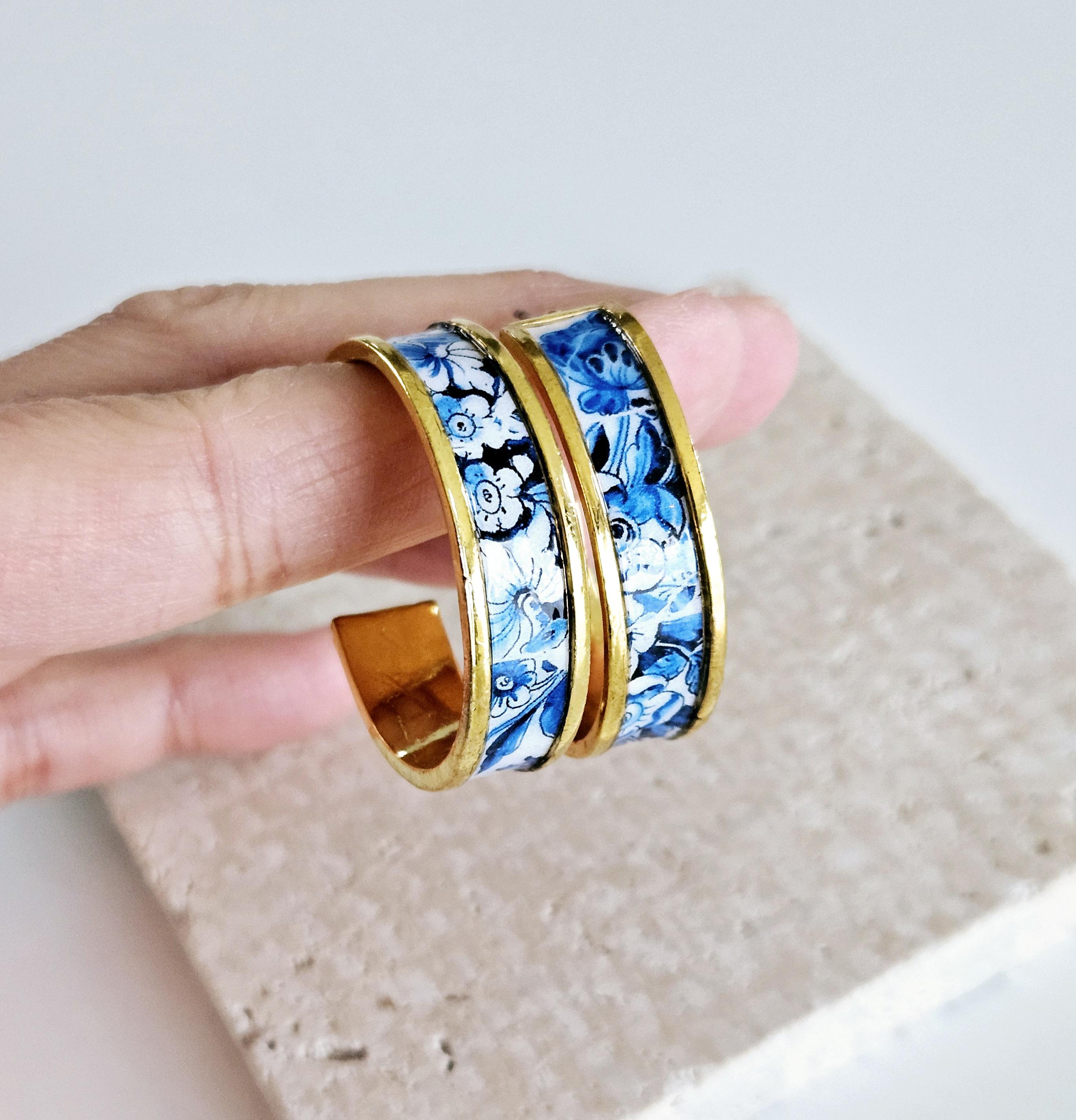 Blue Gold HOOP Tile Earring Portugal Azulejo STEEL Flat Large Hoop ...