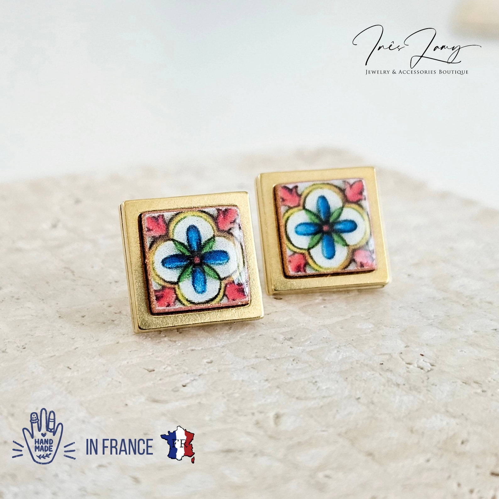 Gold Majolica Azulejo Earring Tile Stainless STEEL Stud Earring Square ...