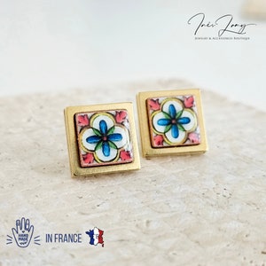 Gold Majolica Azulejo Earring Tile Stainless STEEL Stud Earring Square ...