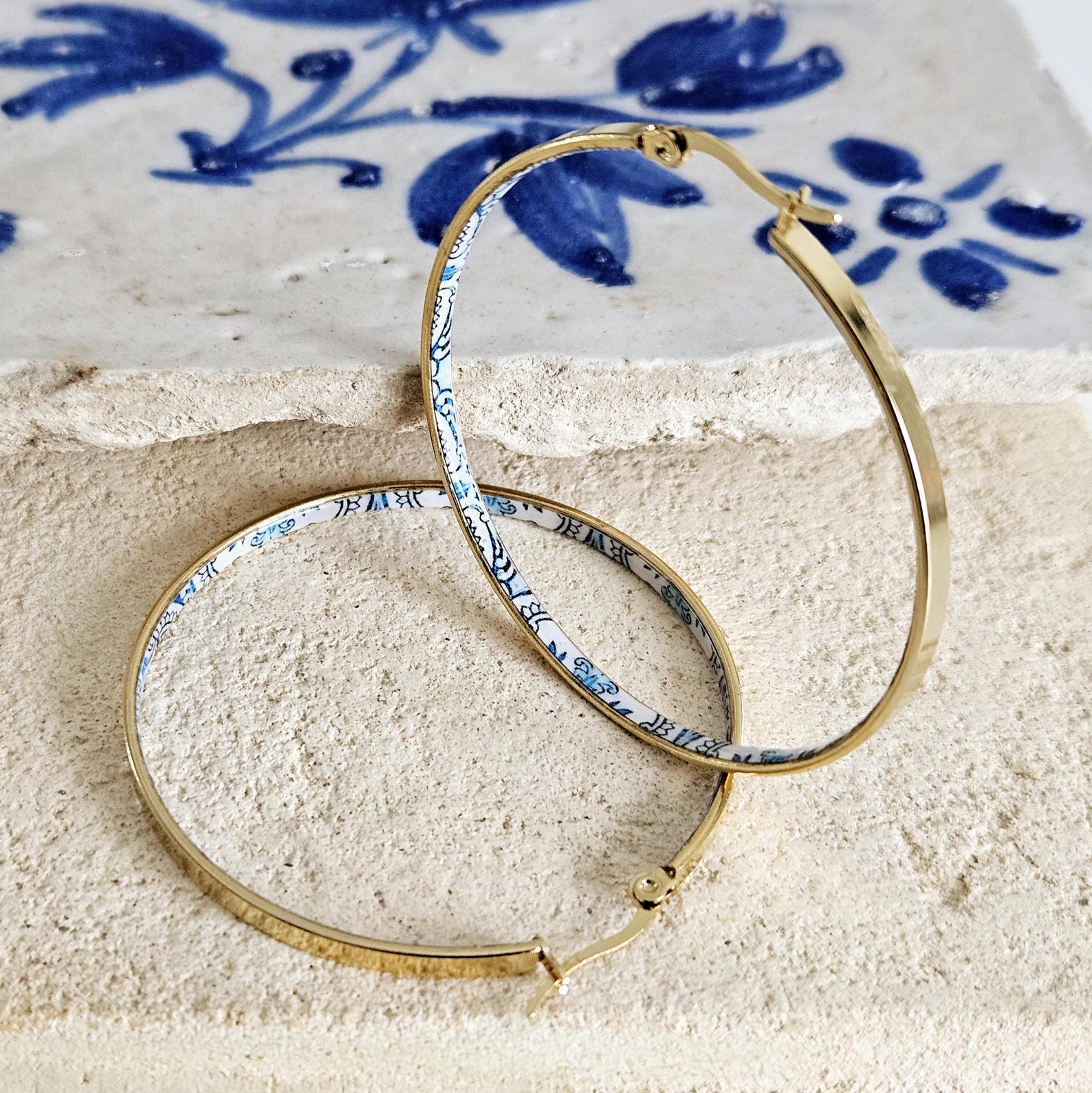 GOLD Flat HOOP Tile Earring Portugal Stainless STEEL Azulejo Delicate ...
