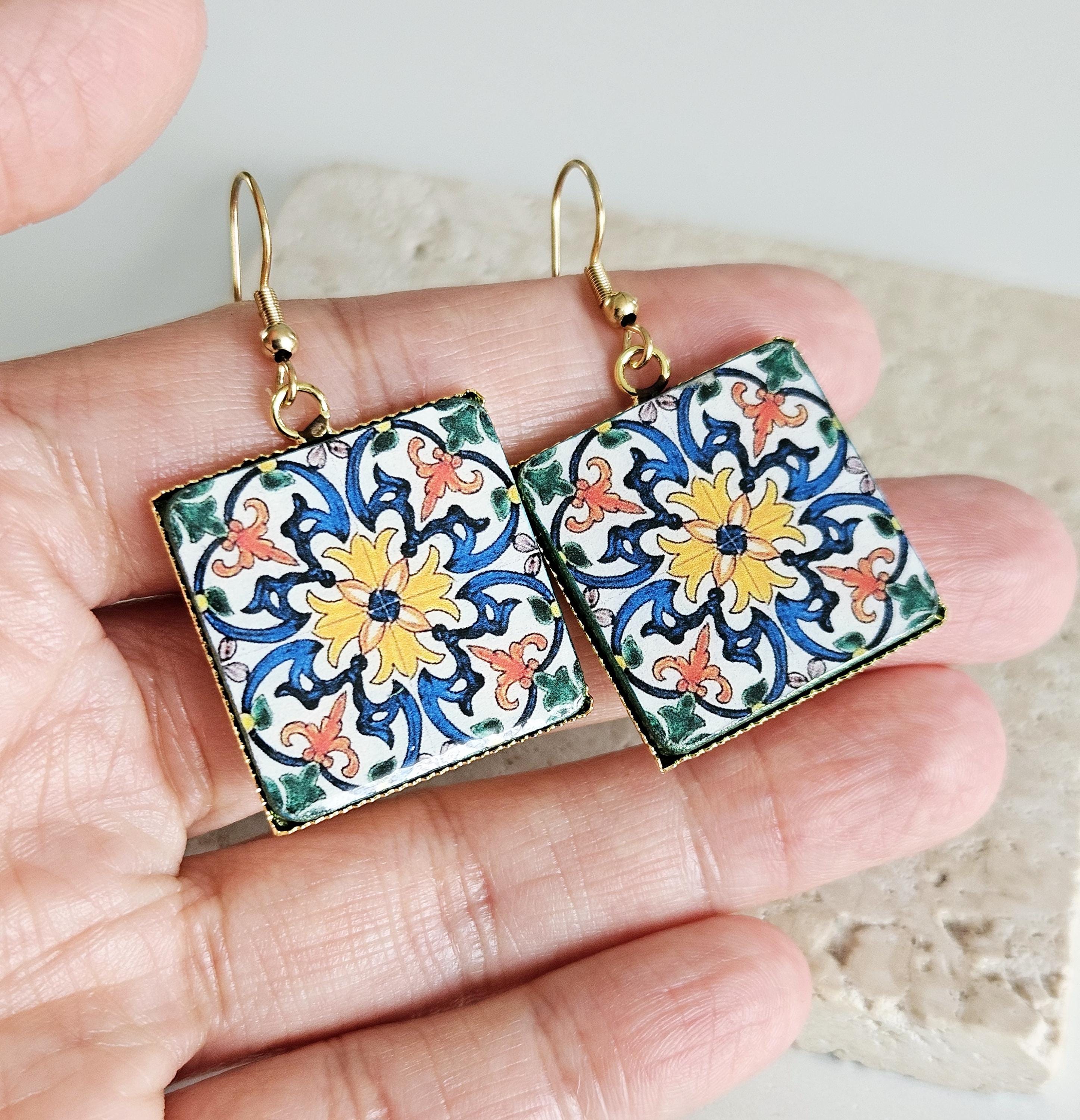 Antique 18th Century Majolica Tile Earring Square Portugal Azulejo Drop ...
