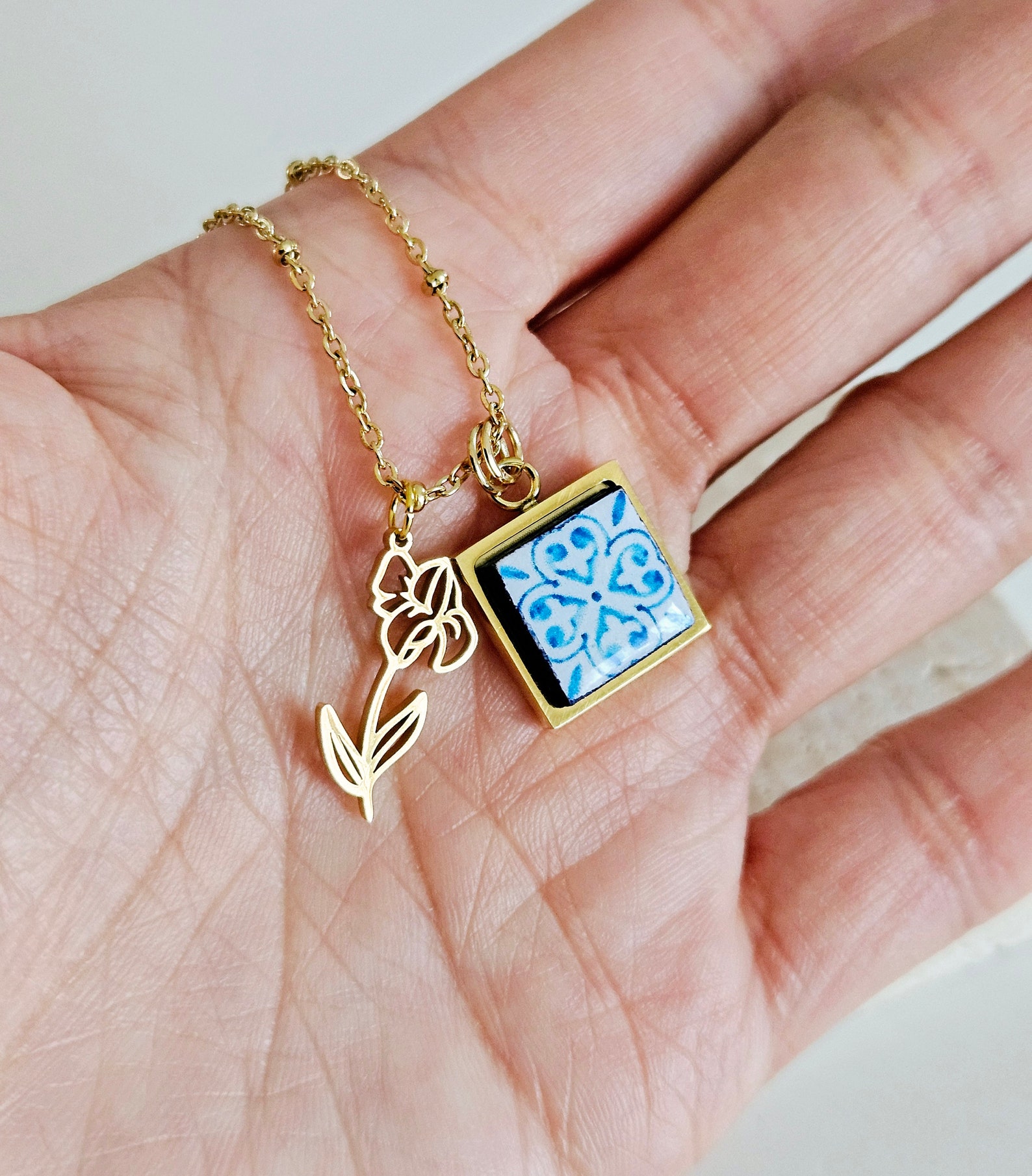 Flower Birth Necklace Portugal Tile Charm Pendant GOLD STEEL Custom ...