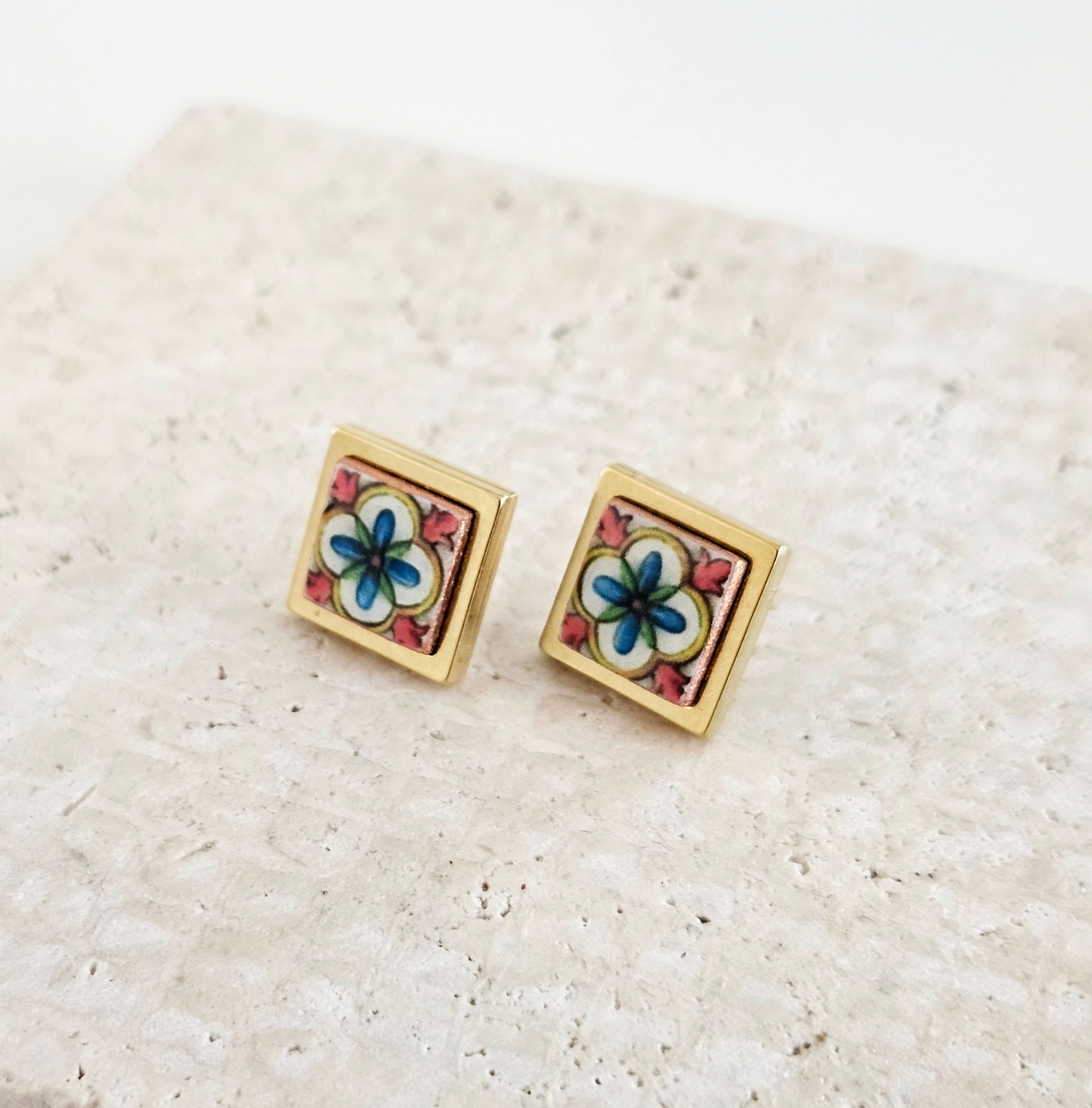 Gold Majolica Azulejo Earring Tile Stainless STEEL Stud Earring Square ...