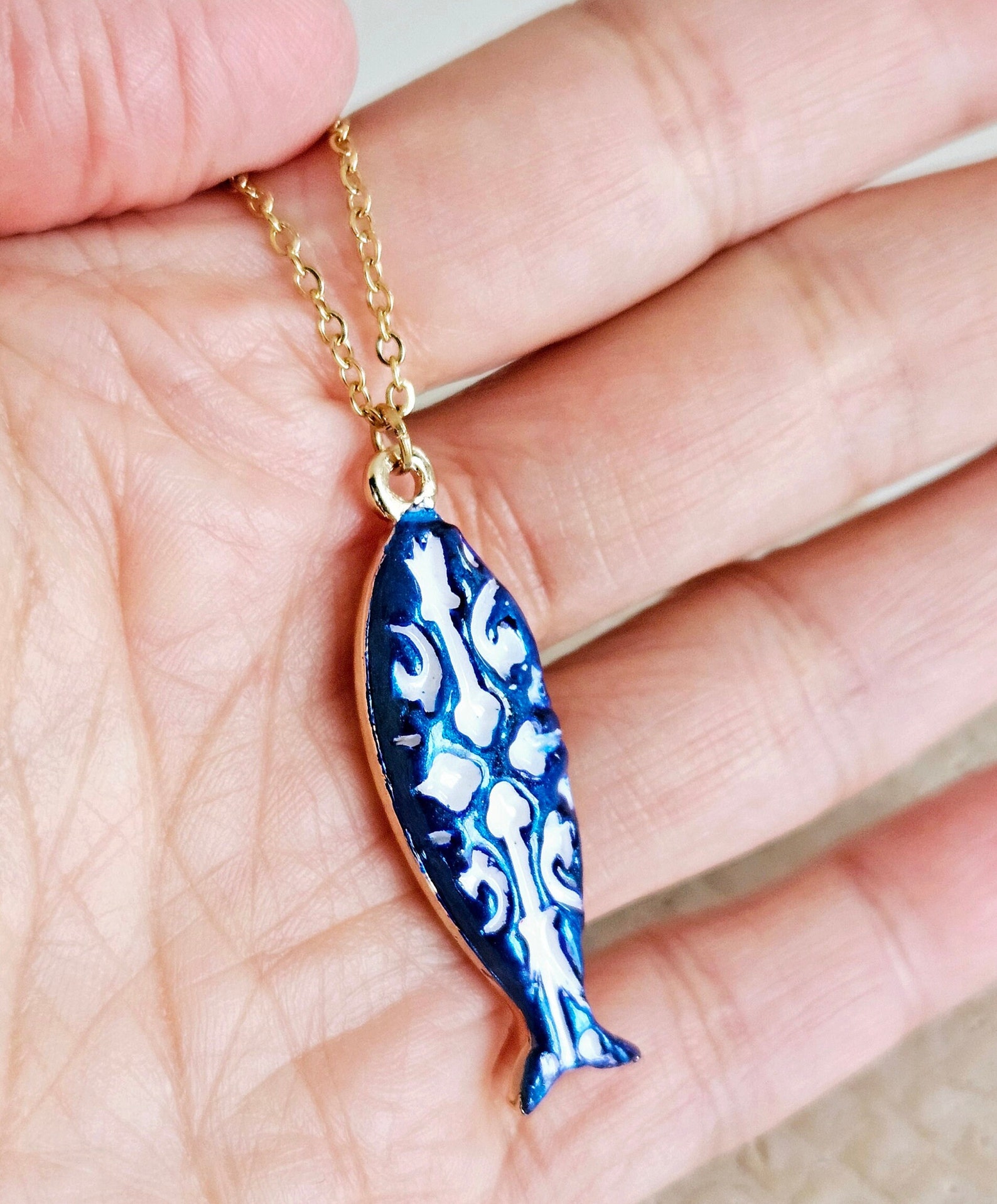 Portuguese Sardine Necklace Azulejo Fish Blue White Sardine Pendant ...
