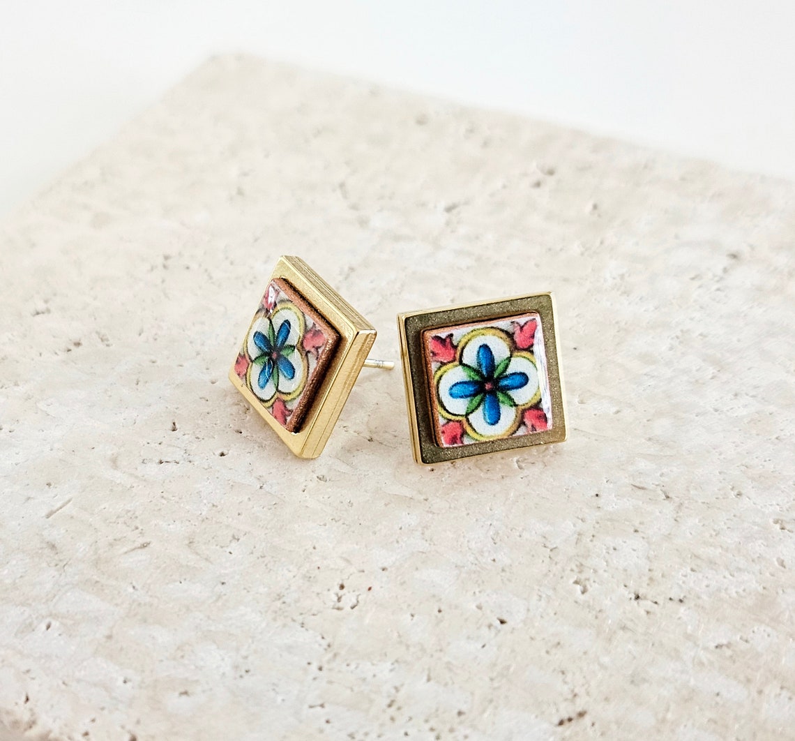 Gold Majolica Azulejo Earring Tile Stainless STEEL Stud Earring Square ...