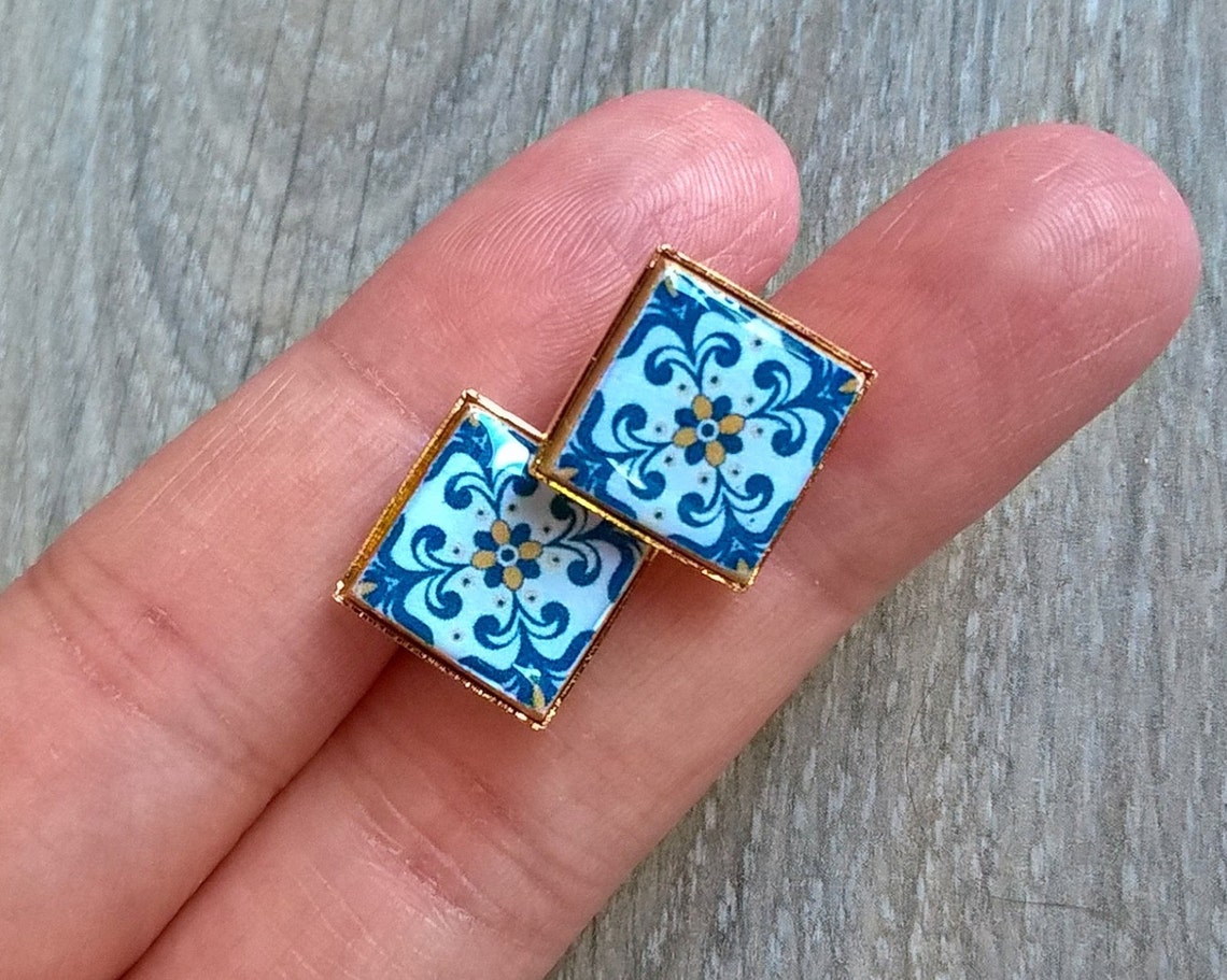 Portugal Antique Tile Stud Earrings Small Square Tiles Studs | Etsy