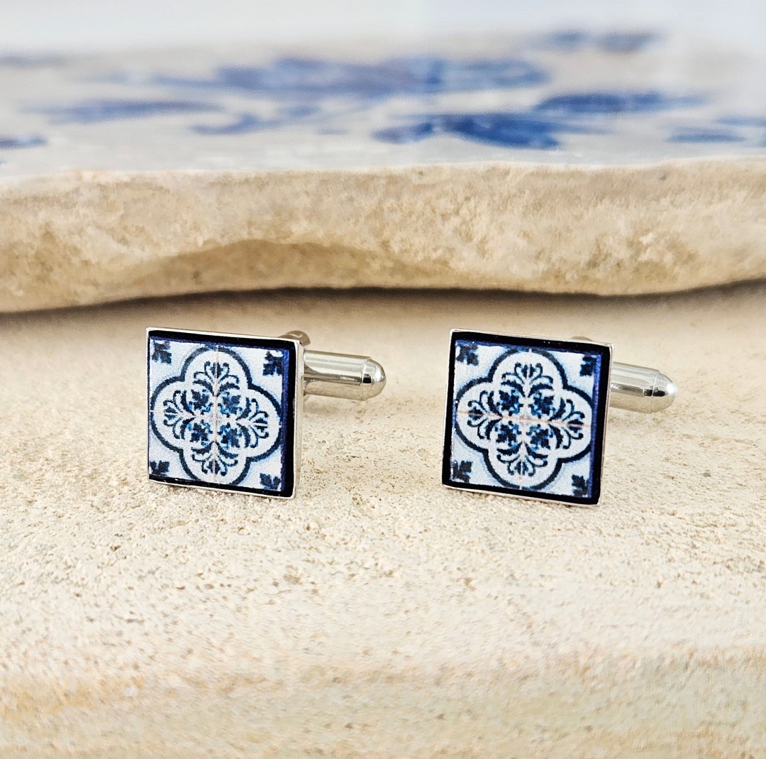 Portugal Blue Tile Silver Cufflinks Majolica Blue White Tile Cufflink ...