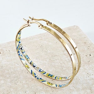 GOLD Flat HOOP Tile Earring Portugal Stainless STEEL Azulejo Delicate ...