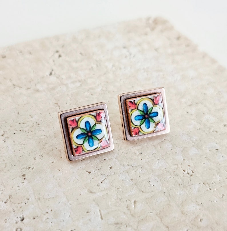 Gold Majolica Azulejo Earring Tile Stainless STEEL Stud Earring Square ...