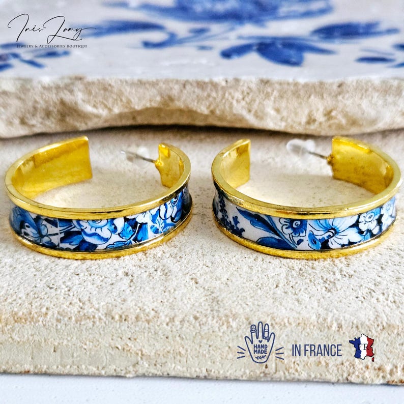 Blue Gold HOOP Tile Earring Portugal Azulejo STEEL Flat Large Hoop ...