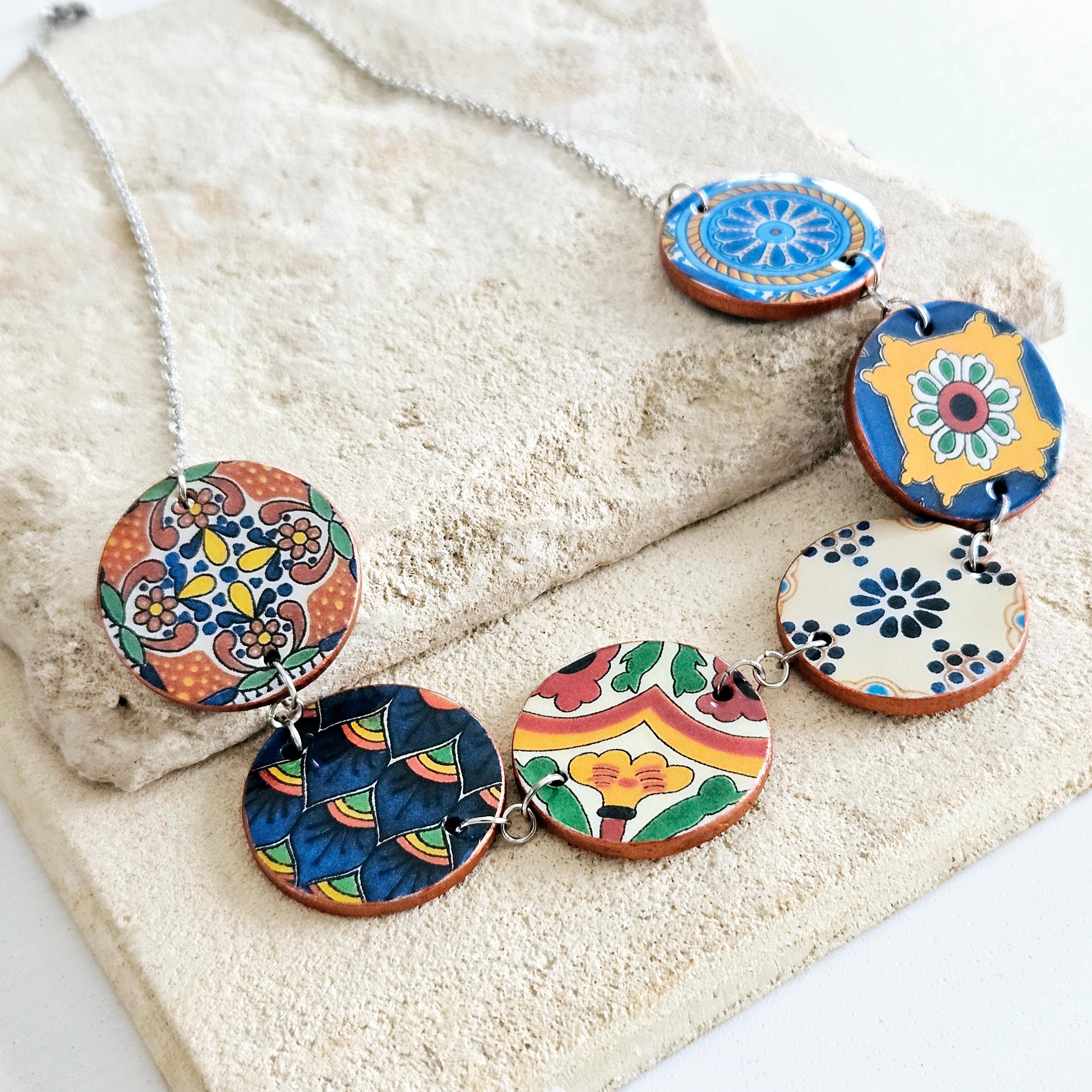 Mexican Round Tiles Necklace Mexico Talavera Statement Jewelry Bohemian ...