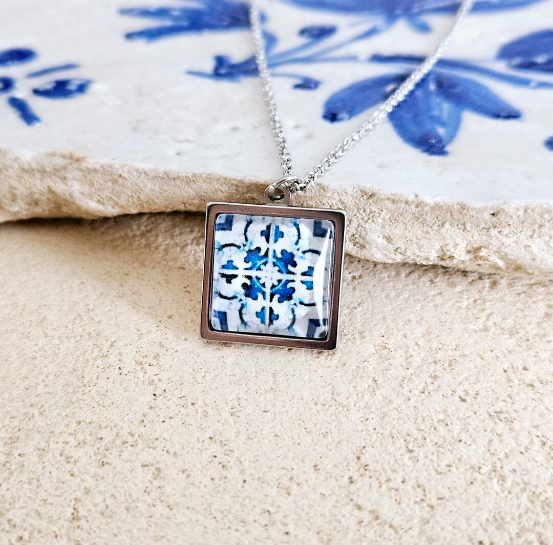 Lisbon Tile Charm STEEL Necklace Portuguese Blue White Tile Azulejo ...