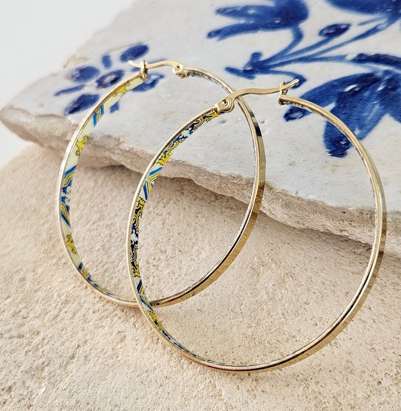 GOLD Flat HOOP Tile Earring Portugal Stainless STEEL Azulejo Delicate ...