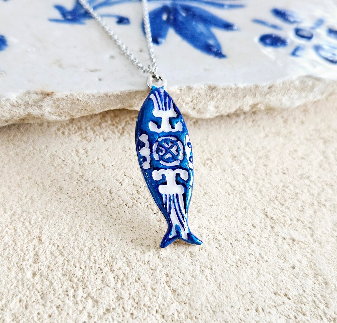 Portuguese Sardine Necklace Azulejo Fish Blue White Sardine Pendant ...