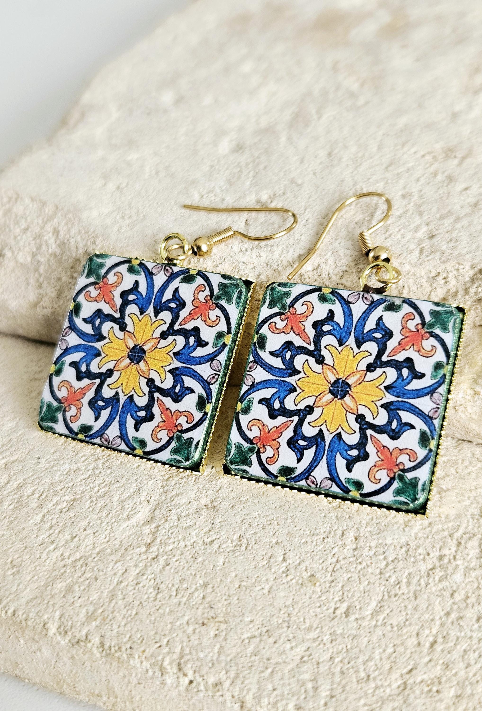 Antique 18th Century Majolica Tile Earring Square Portugal Azulejo Drop ...